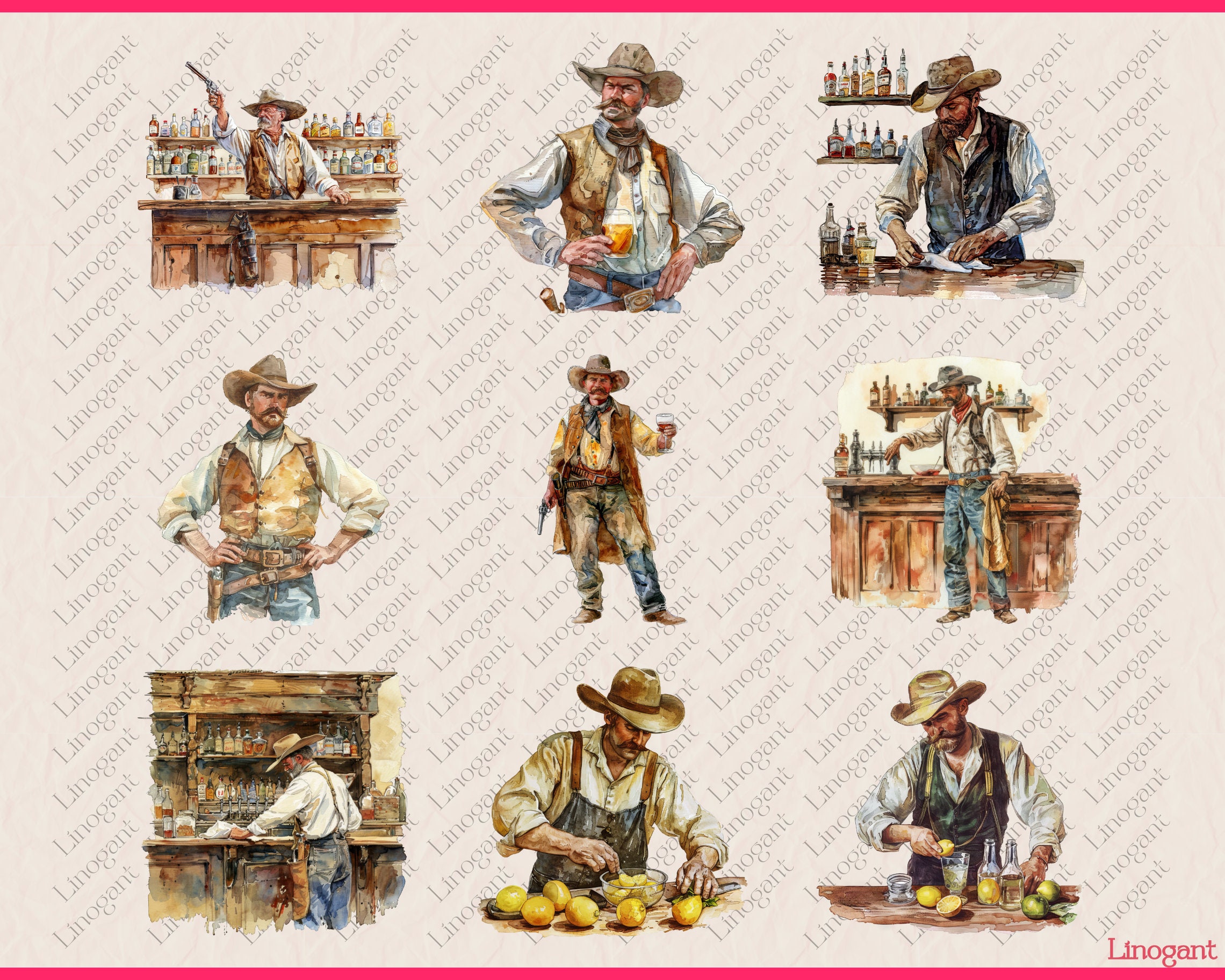 Watercolor Western Barmaid and Bartender Clipart Bundle, Cowboy Cowgirl ...