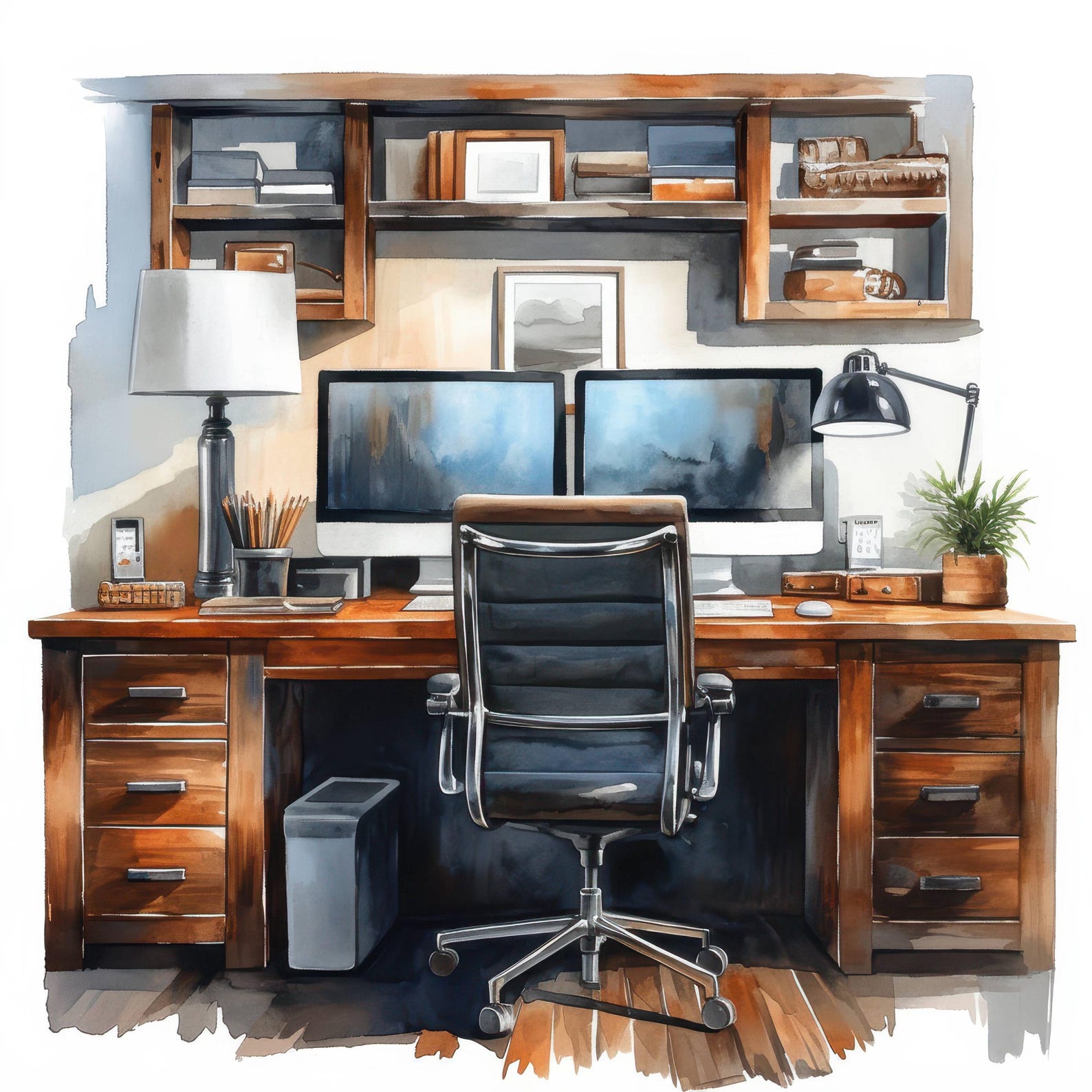 13 Office Work Clipart Bundle, Computer Desk Scene Illustration ...