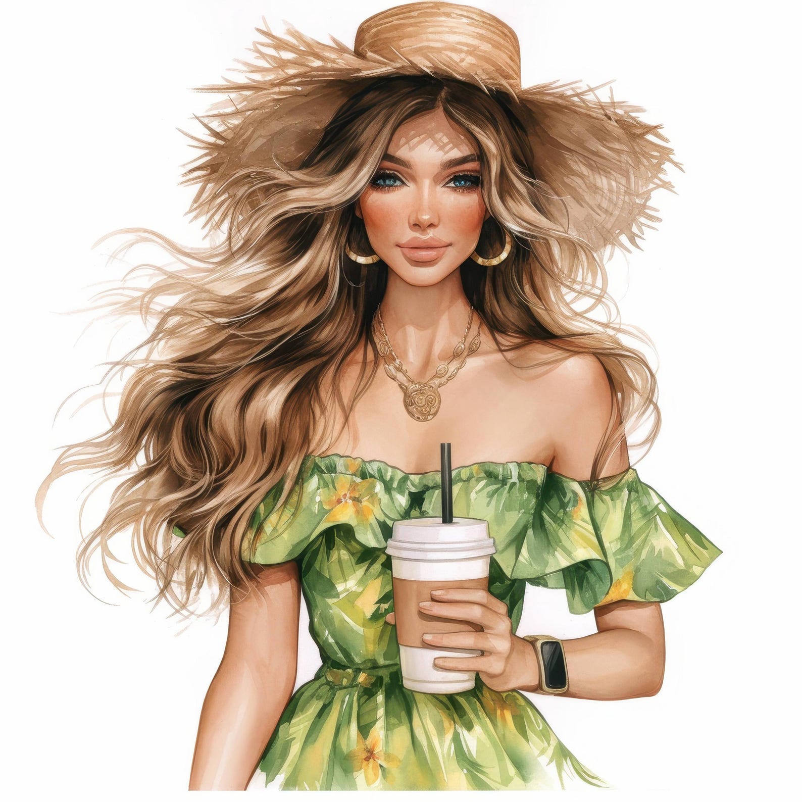11 Summer Girl Clipart Bundle, Green Dress Fashion Illustration ...