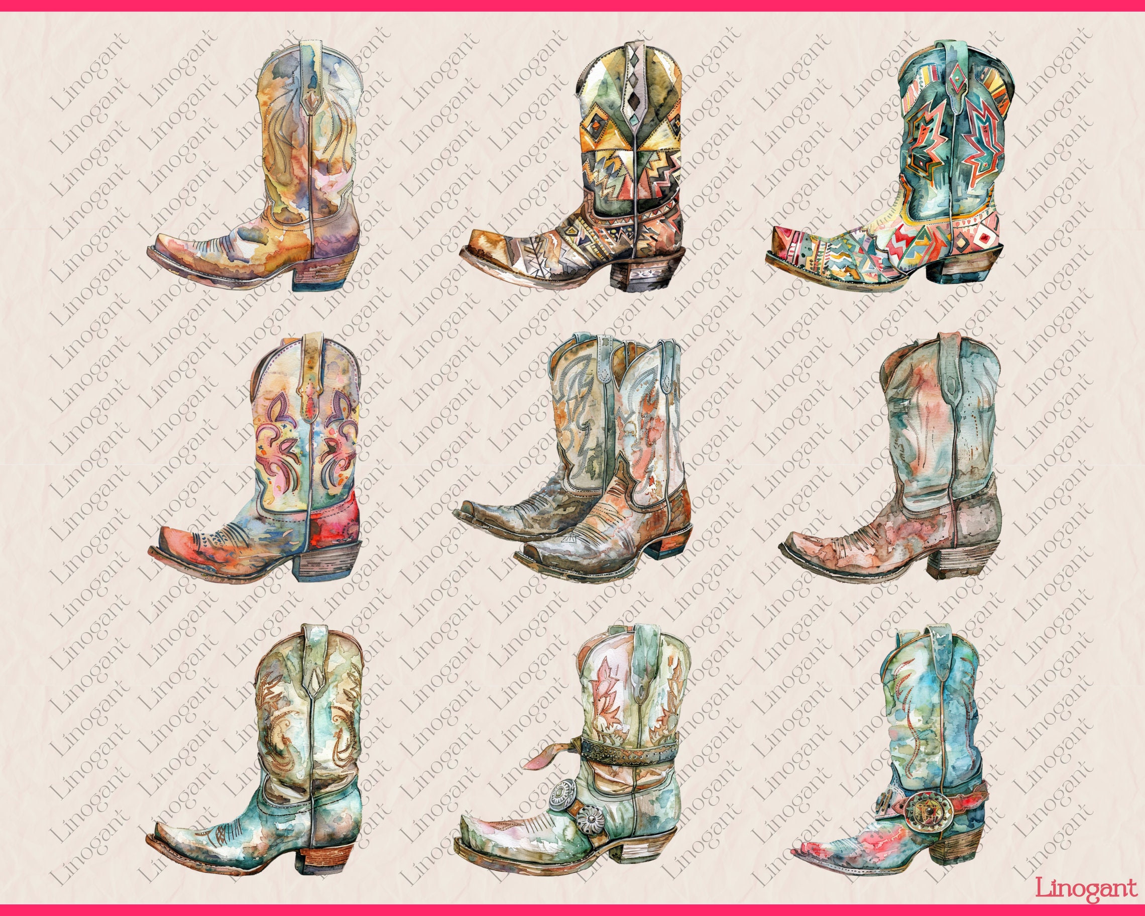 Watercolor Western Cowboy Boot Clipart Bundle, Cowgirl Shoe Clip Art ...
