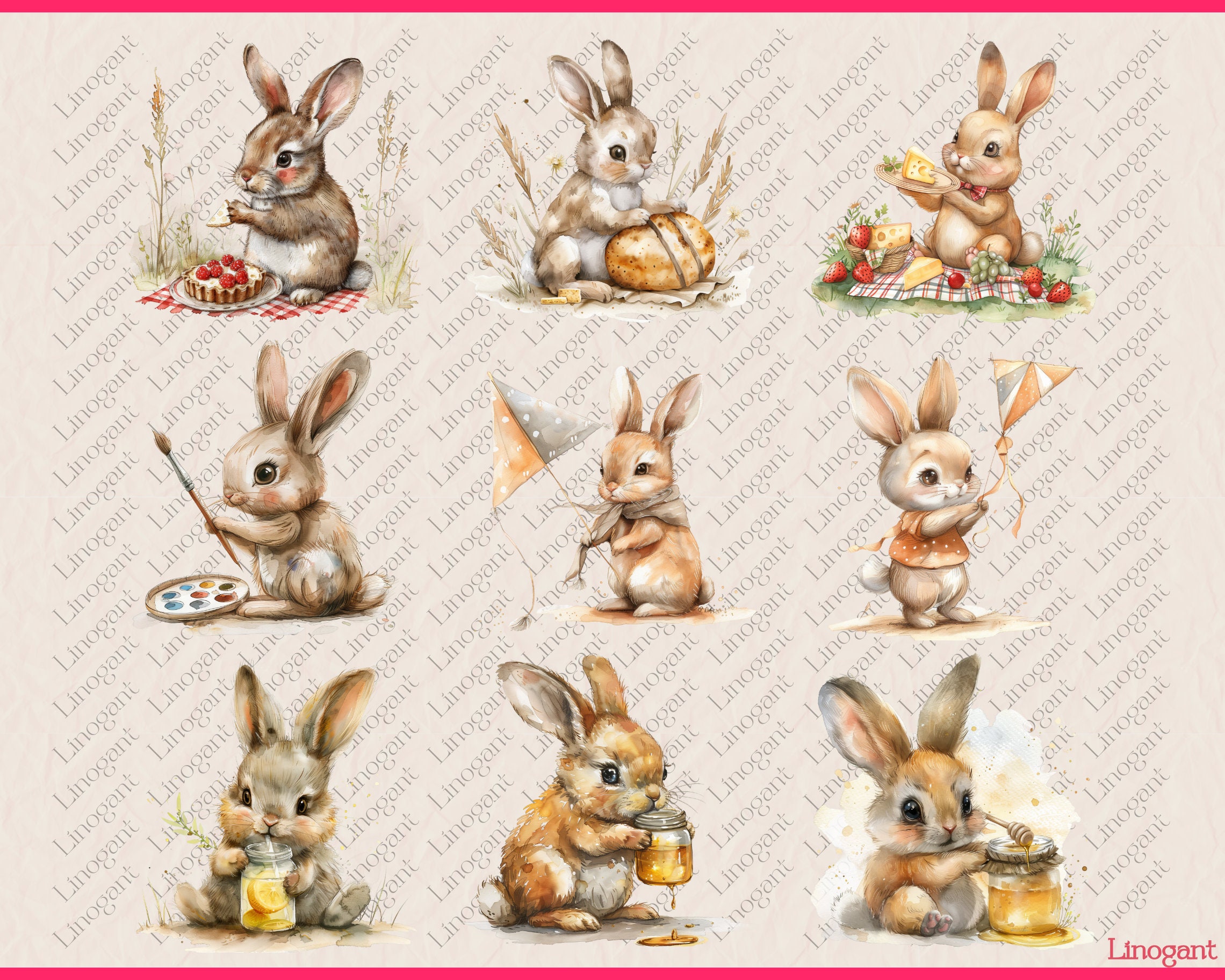 Watercolor Bunny Clipart Bundle, Bunnies at Picnic Clip Art Set ...
