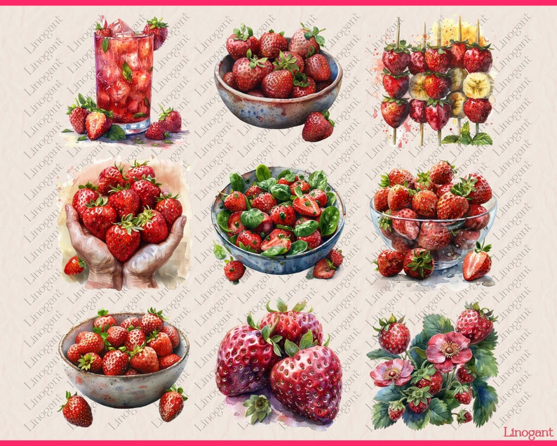 Watercolor Strawberry Clipart Bundle, Fruits Clip Art Set, Straw Berry ...