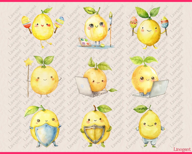 Watercolor Kawaii Lemon Clipart Bundle, Cute Fruits Clip Art Set, High ...
