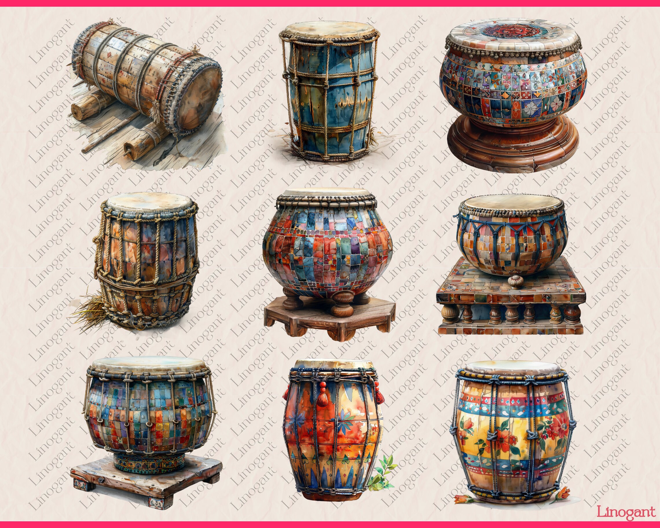 Watercolor Tribal Drums Clipart Bundle, African Drums Clip Art Set ...
