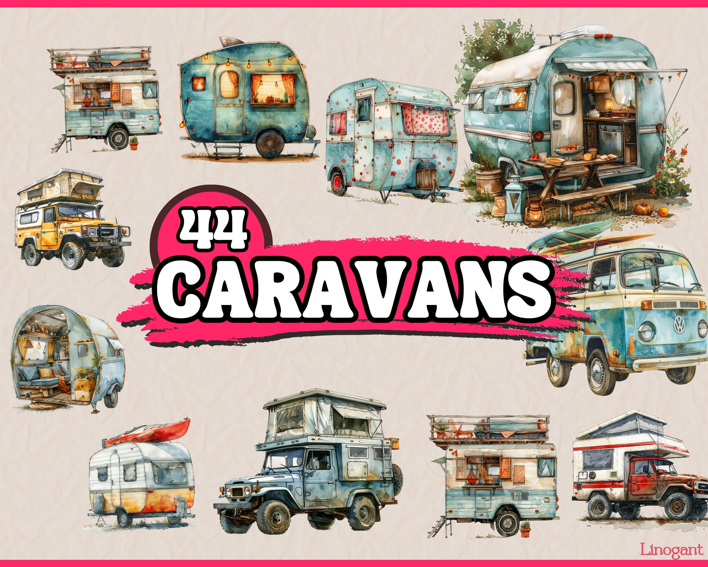 Watercolor Caravans Clipart Bundle, Caravan Clip Art Set, Caravan PNG ...