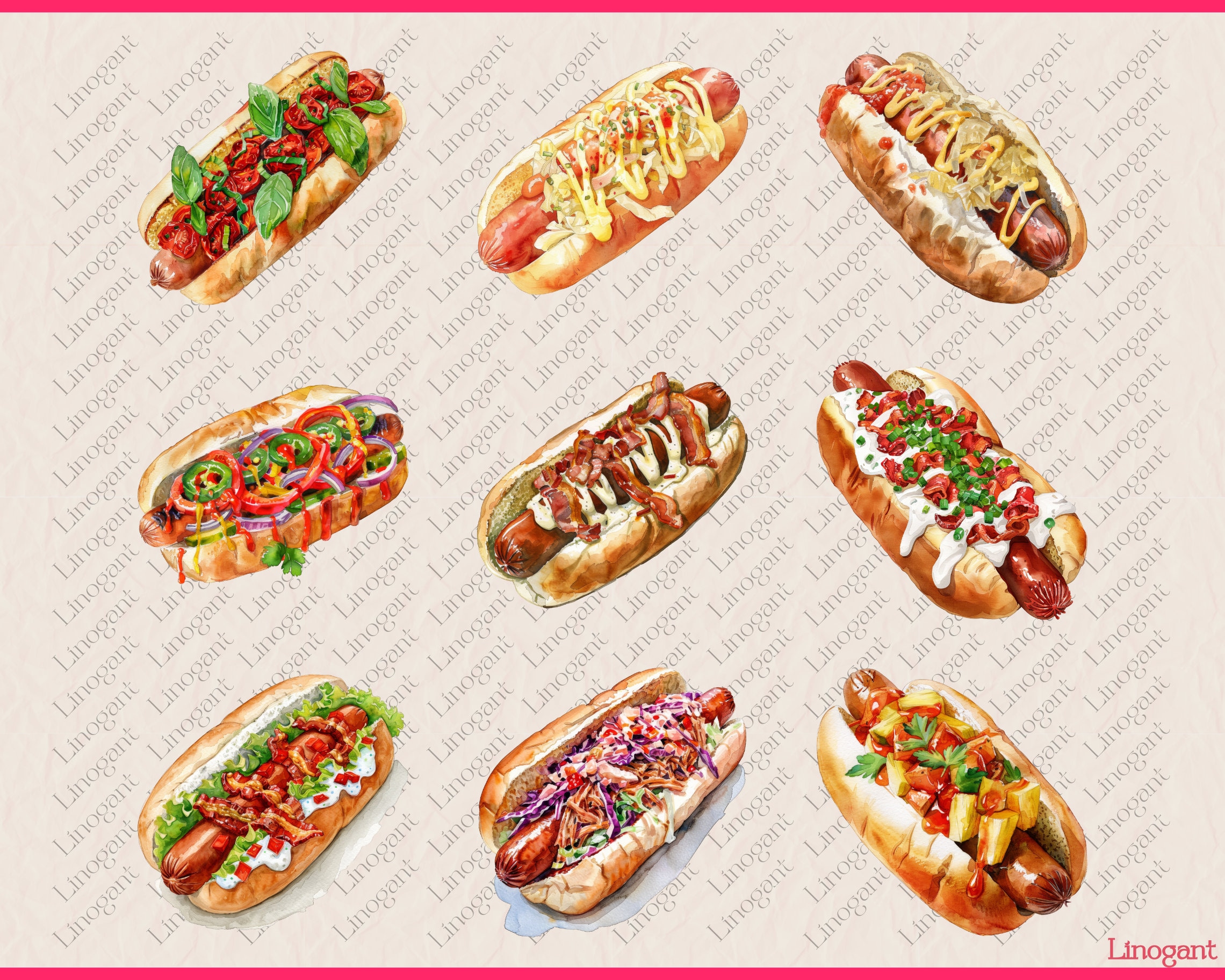 Watercolor Hot Dog Clipart Bundle, Fast Food Clip Art Set, Bakery ...