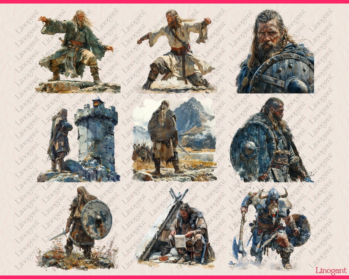Watercolor Viking Warrior Clipart Bundle, Fantasy Vikings Clip Art Set ...