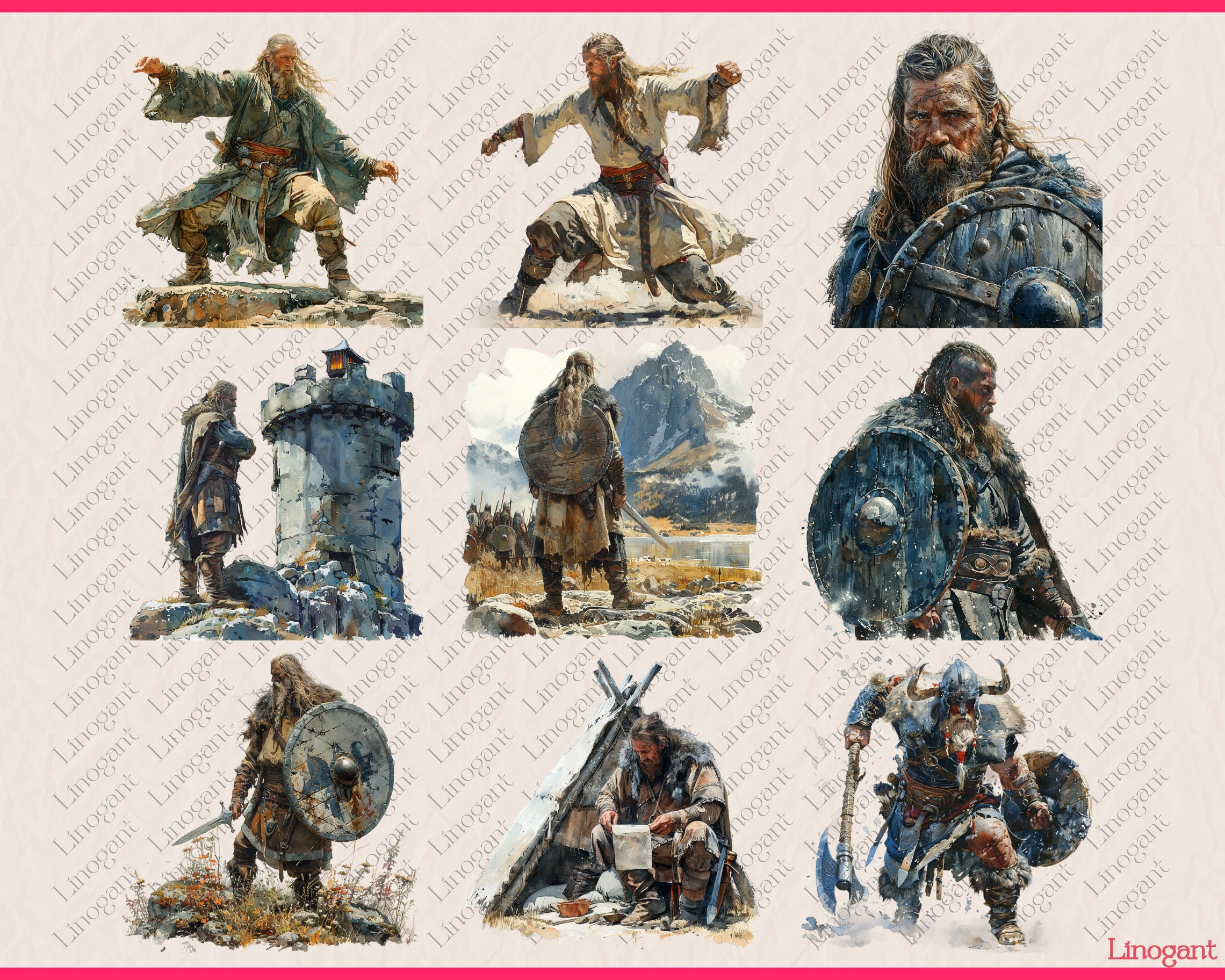 Watercolor Viking Warrior Clipart Bundle, Fantasy Vikings Clip Art Set ...