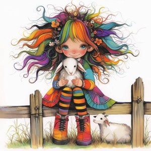 Whimsical Girl With Goat Clip Art 11 High Res Watercolor Jpgs for Junk ...