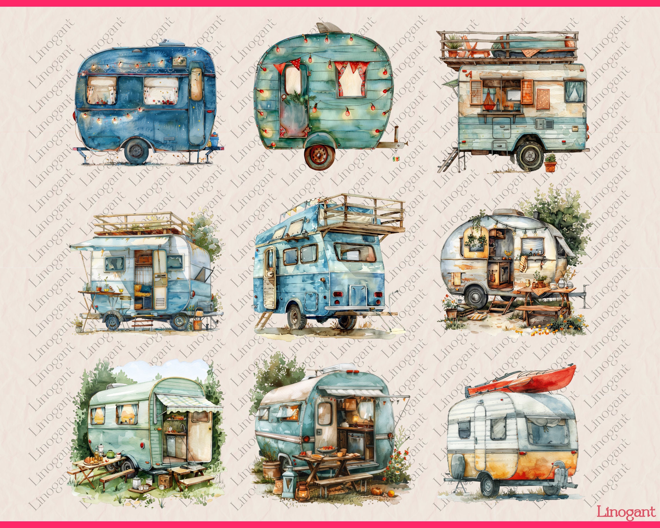 Watercolor Caravans Clipart Bundle, Caravan Clip Art Set, Caravan PNG ...