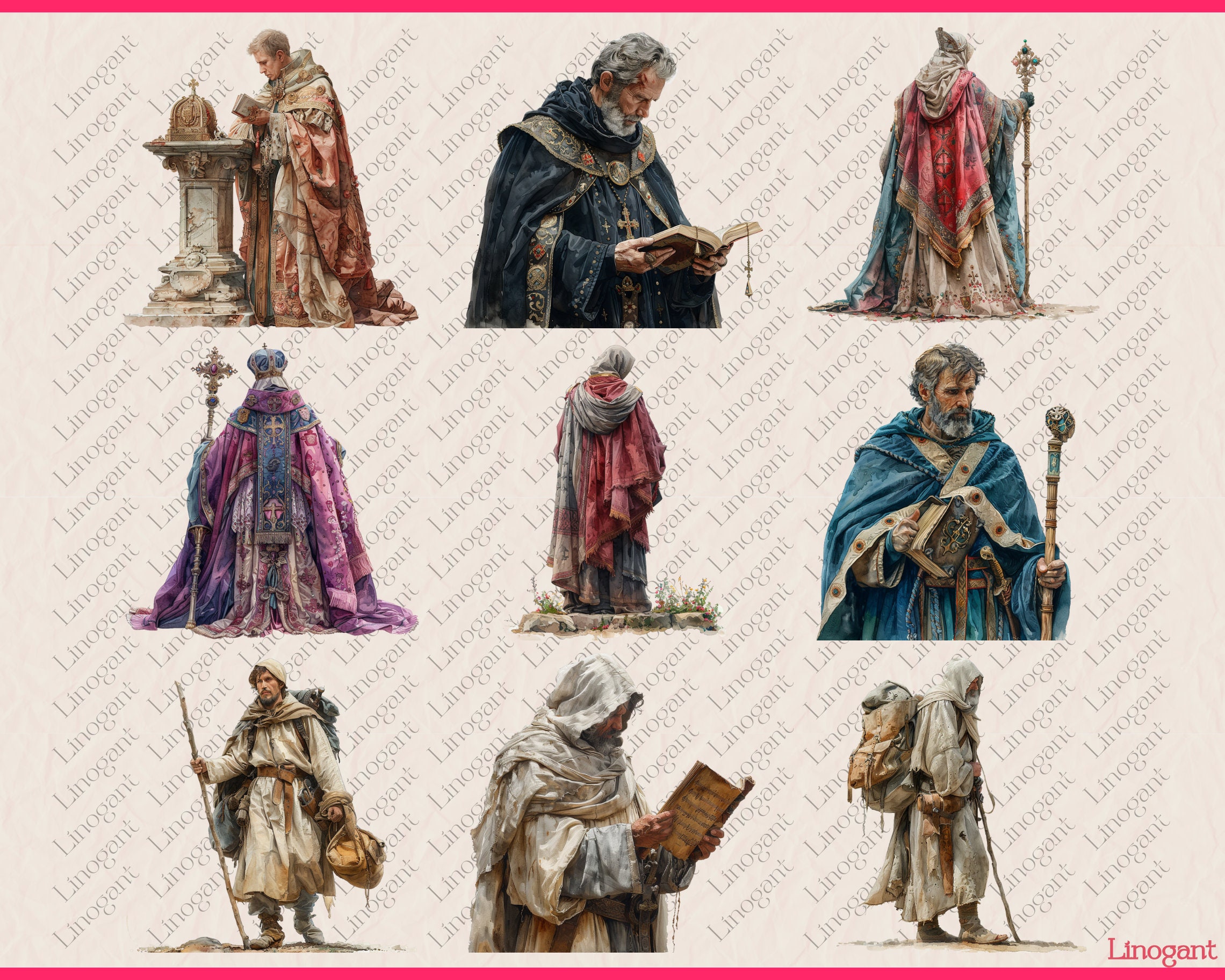 Watercolor Medieval Priest Clipart Bundle, Christianity Preacher Clip ...