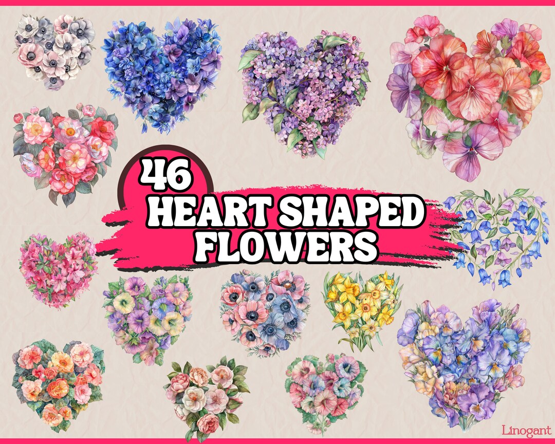 Watercolor Heart Shaped Flowers Clipart Bundle, Floral Romantic Gift ...