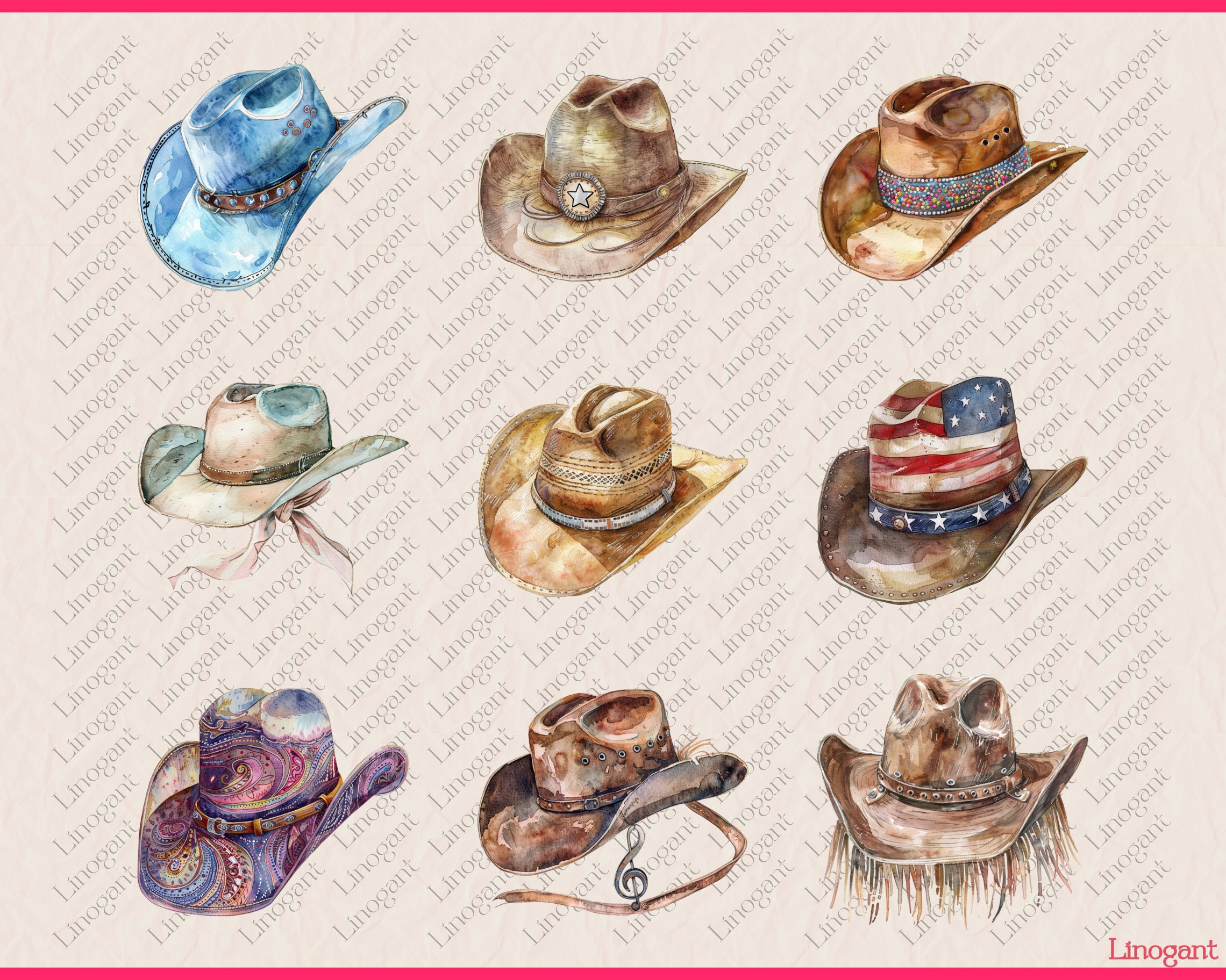 Watercolor Western Cowboy Hat Clipart Bundle, Cowgirl Hat Clip Art Set ...