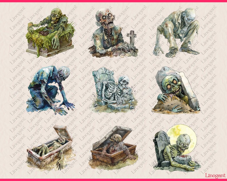 Watercolor Zombie in Grave Clipart Bundle, Dead Man Clip Art Set ...