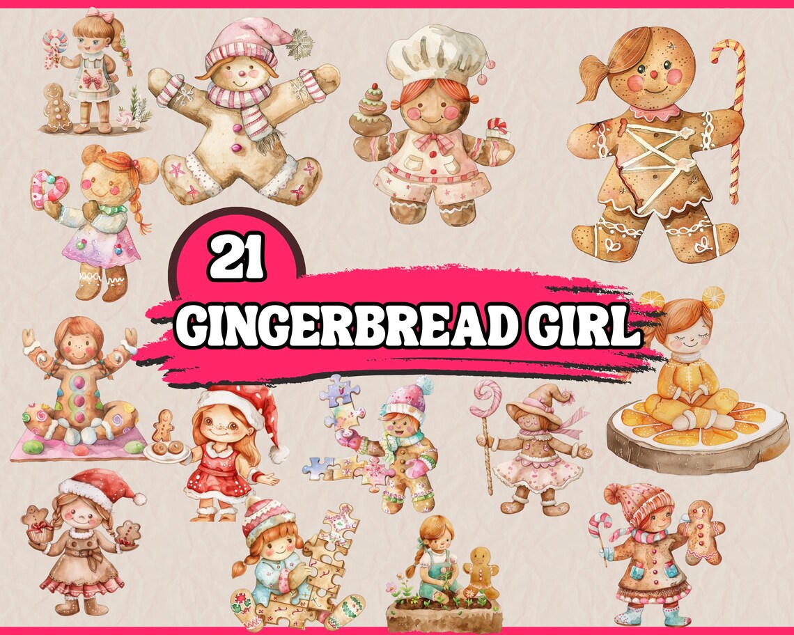 Watercolor Gingerbread Girl Clipart, 21 PNG Gingerbread Clipart Bundle ...