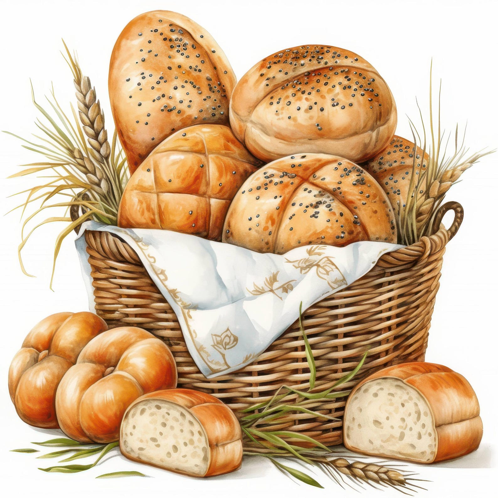 11 Bread Basket Clipart Bundle, Rustic Bakery Illustration, Printable ...
