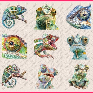 Watercolor Chameleon Clipart Bundle, Chamelon Clip Art Set, Wild Animal ...