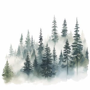 10 Foggy Pine Woods Watercolor Clipart, Misty Evergreen Forest ...