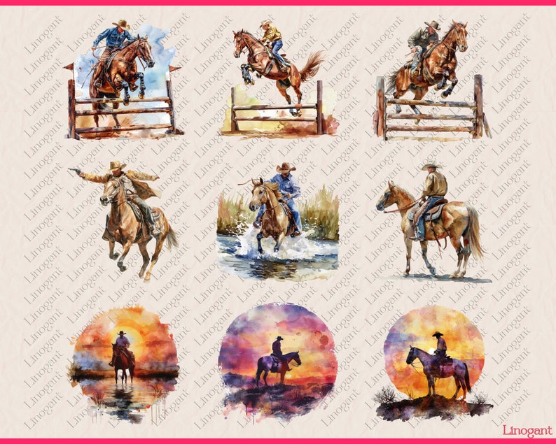 Watercolor Western Cowboy on Horse Clipart Bundle, Riding Horse Clip ...