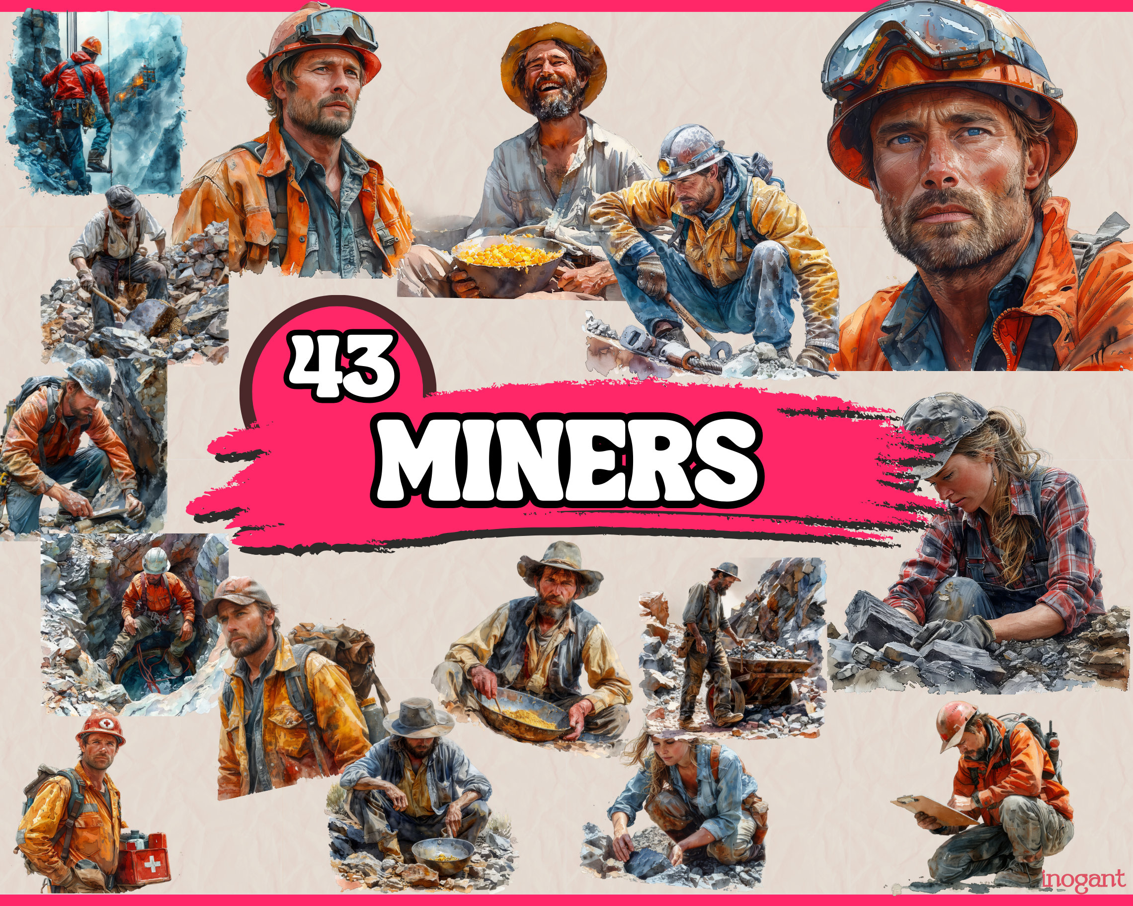 Watercolor Miners Clipart Bundle, Mining Clip Art Set, Gold Miner ...