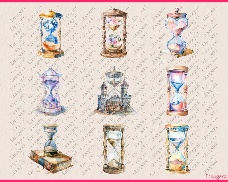 Watercolor Hourglass Sand Timer Clipart Bundle, Magical Fantasy Wooden ...