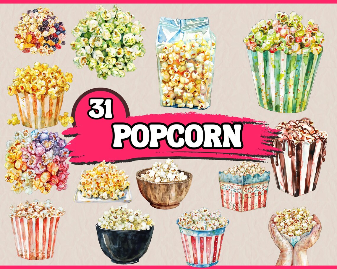 31 PNG Watercolor Popcorn Clipart, Pop Corn Print, Junk Food Graphics ...