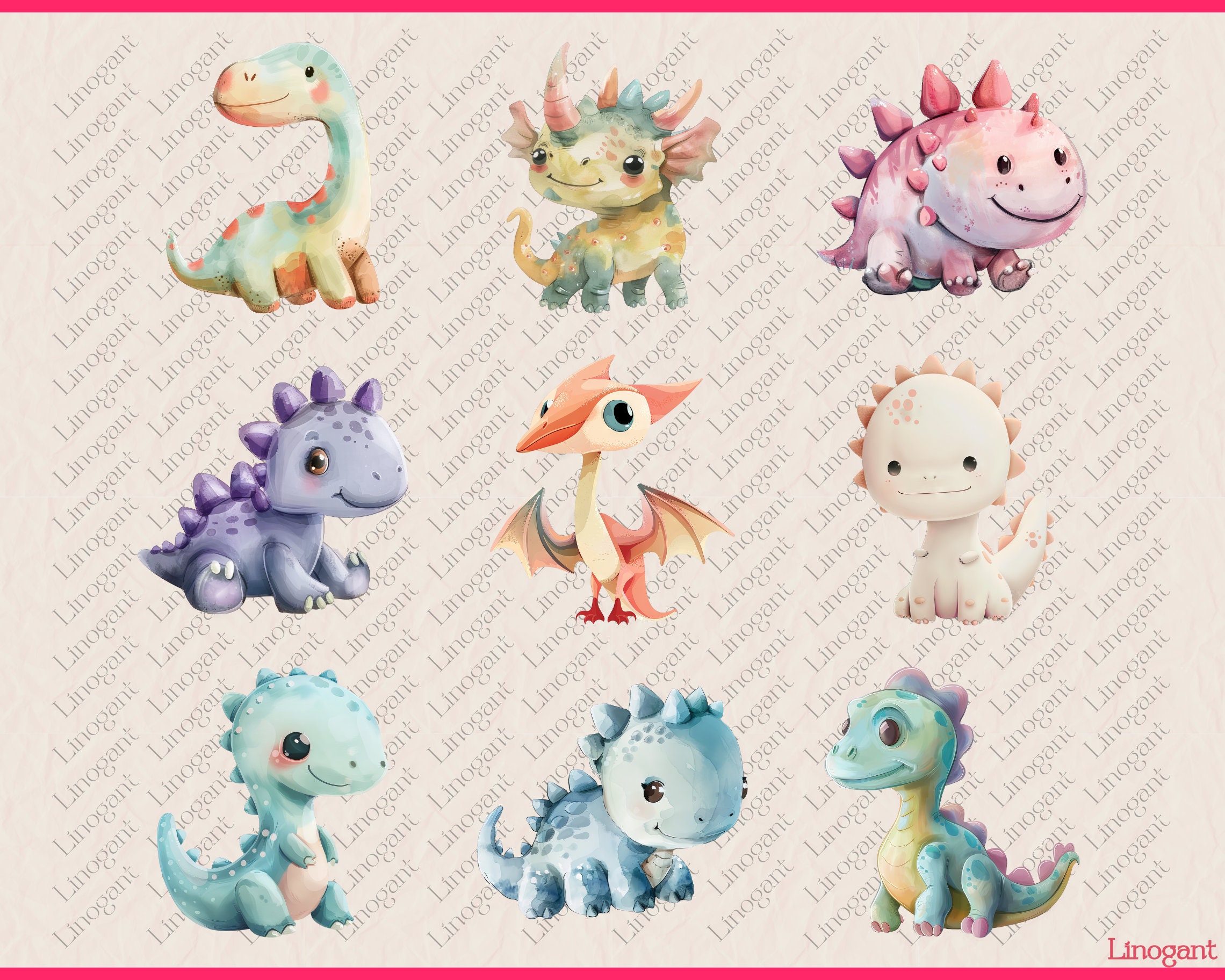 Watercolor Cute Dinosaur Clipart Bundle, Dino Nursery Decor Clip Art ...
