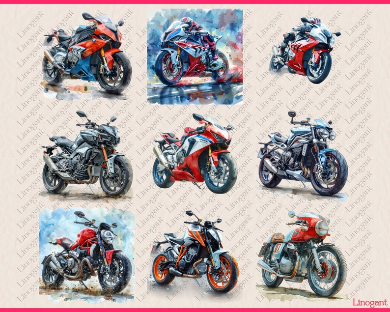 Watercolor Racing Motorcycles Clipart Bundle, Motor Racing Clip Art Set ...