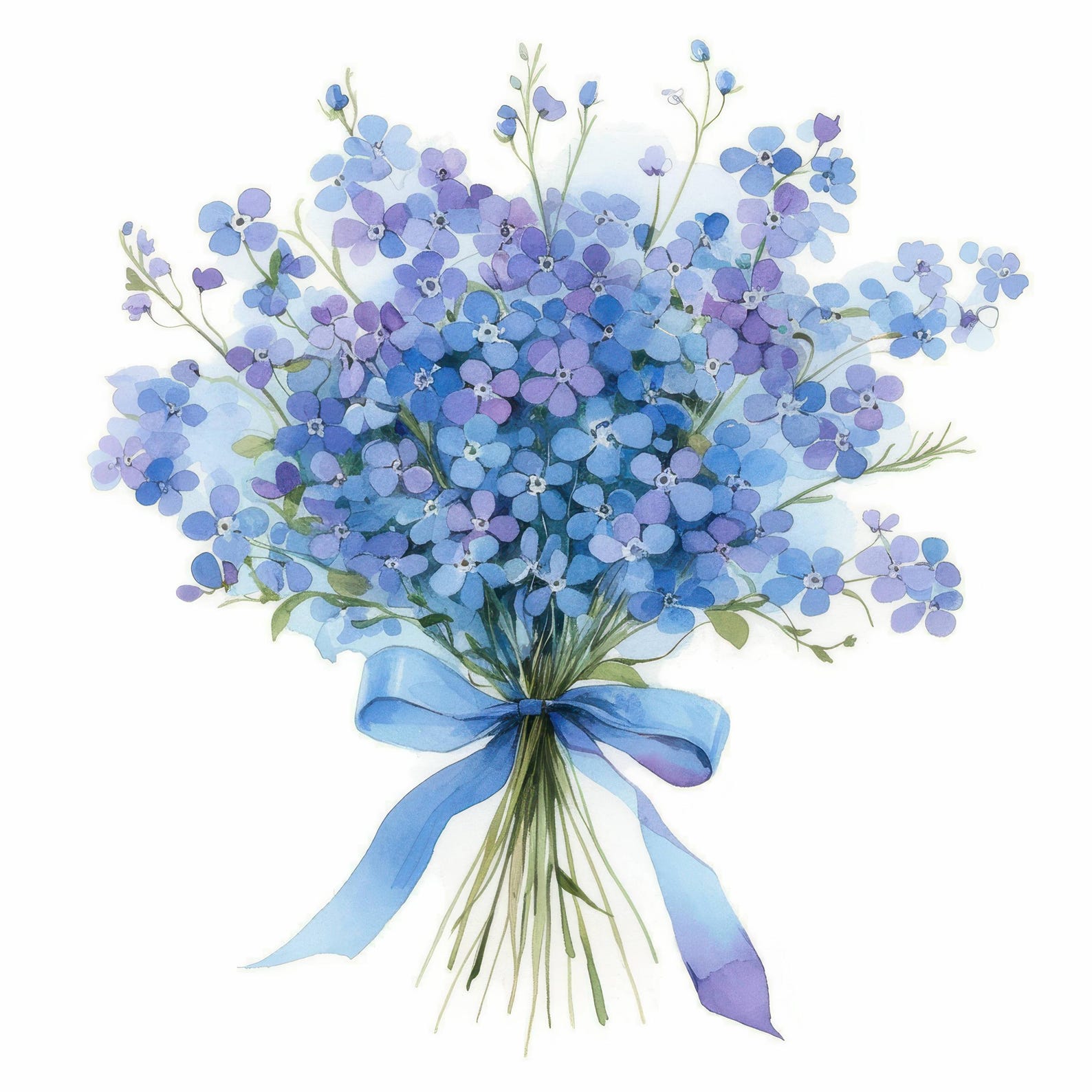 12 Forget Me Not Flower Bunch Watercolor Clipart, Blue Bow Illustration ...