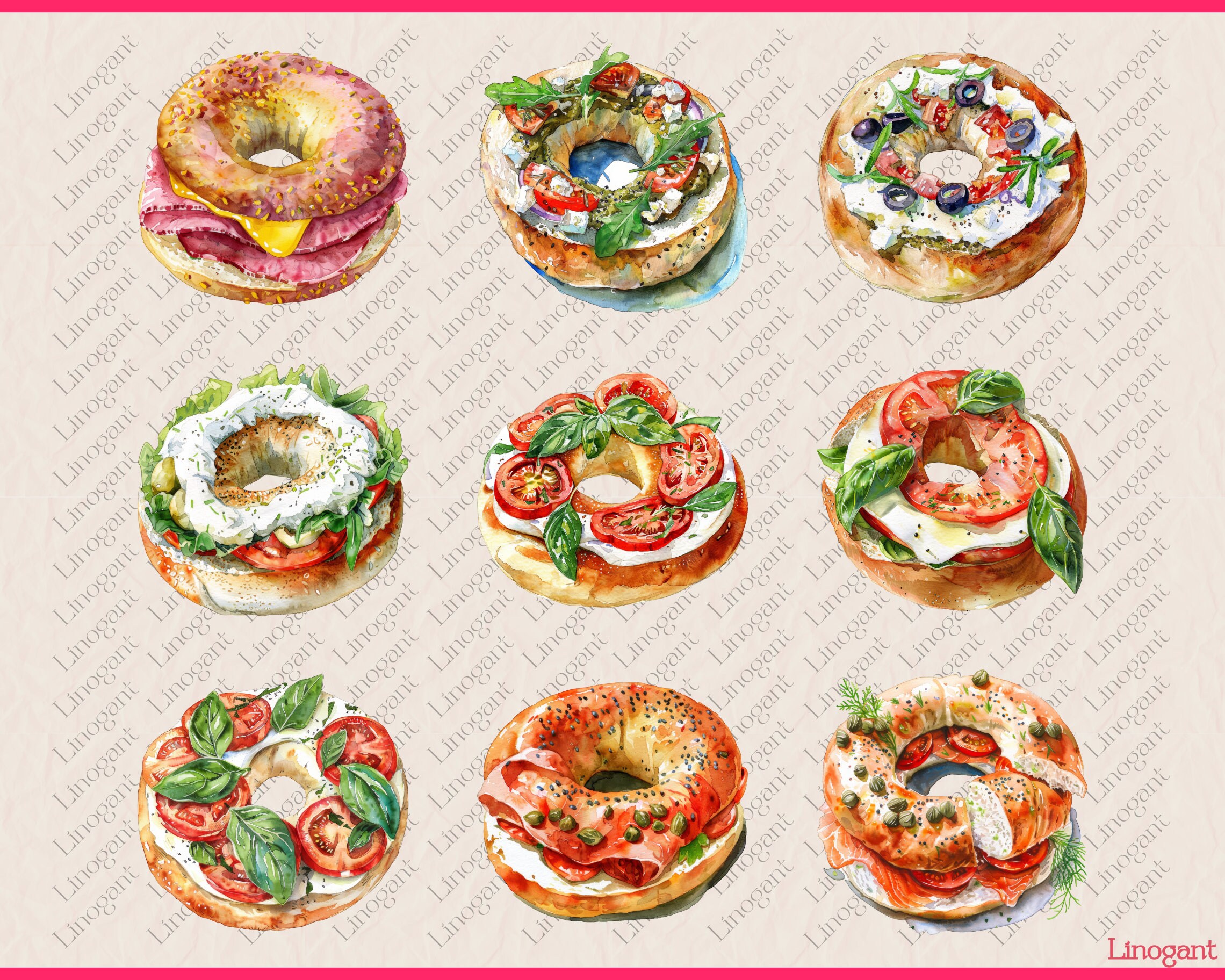Watercolor Bagel Sandwich Clipart Bundle, Breakfast Food Clip Art Set ...