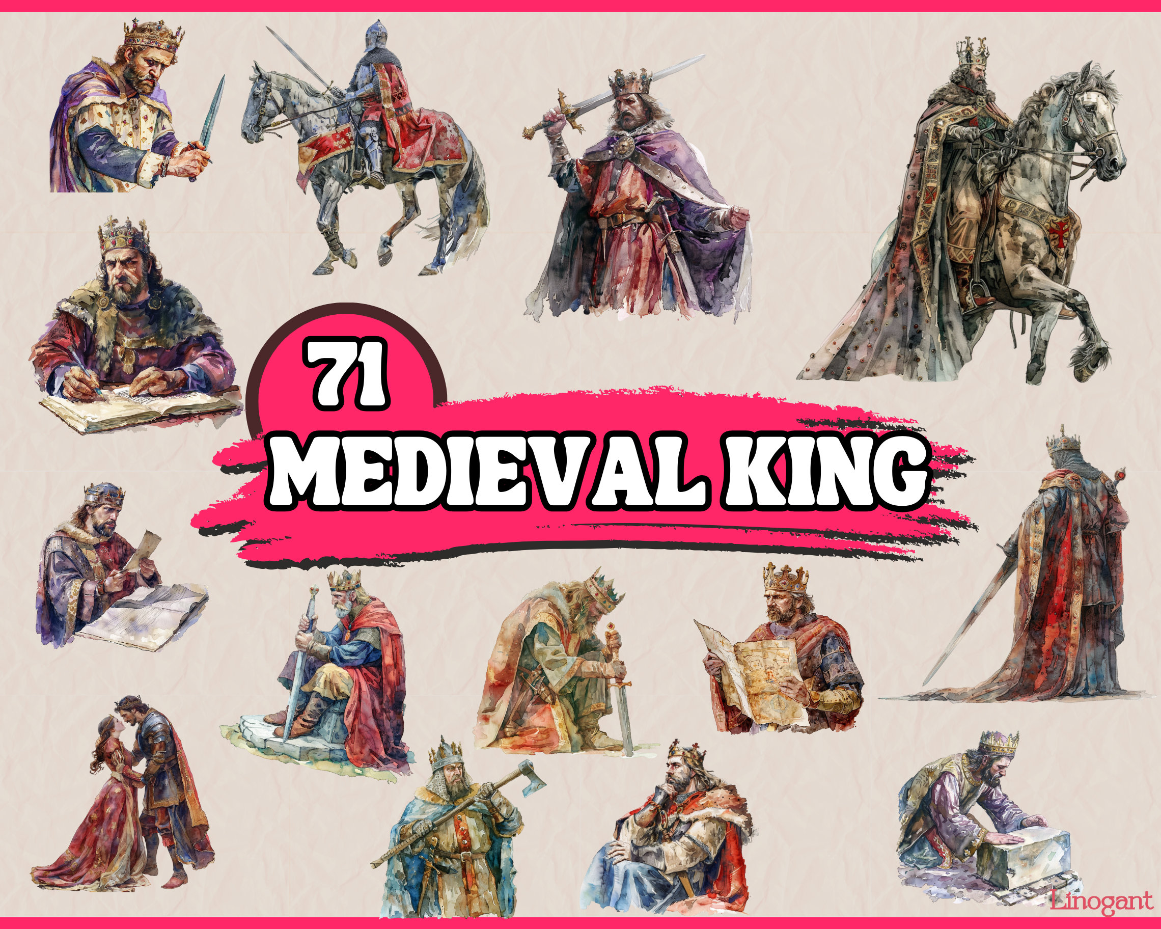 Watercolor Medieval King Clipart Bundle, Fantasy Middle Age Clip Art ...