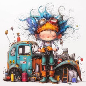 Quirky Little Mechanic Clip Art 10 High Res Watercolor Jpgs Junk ...