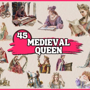 Watercolor Medieval Queen Clipart Bundle, Fantasy Middle Age Clip Art ...