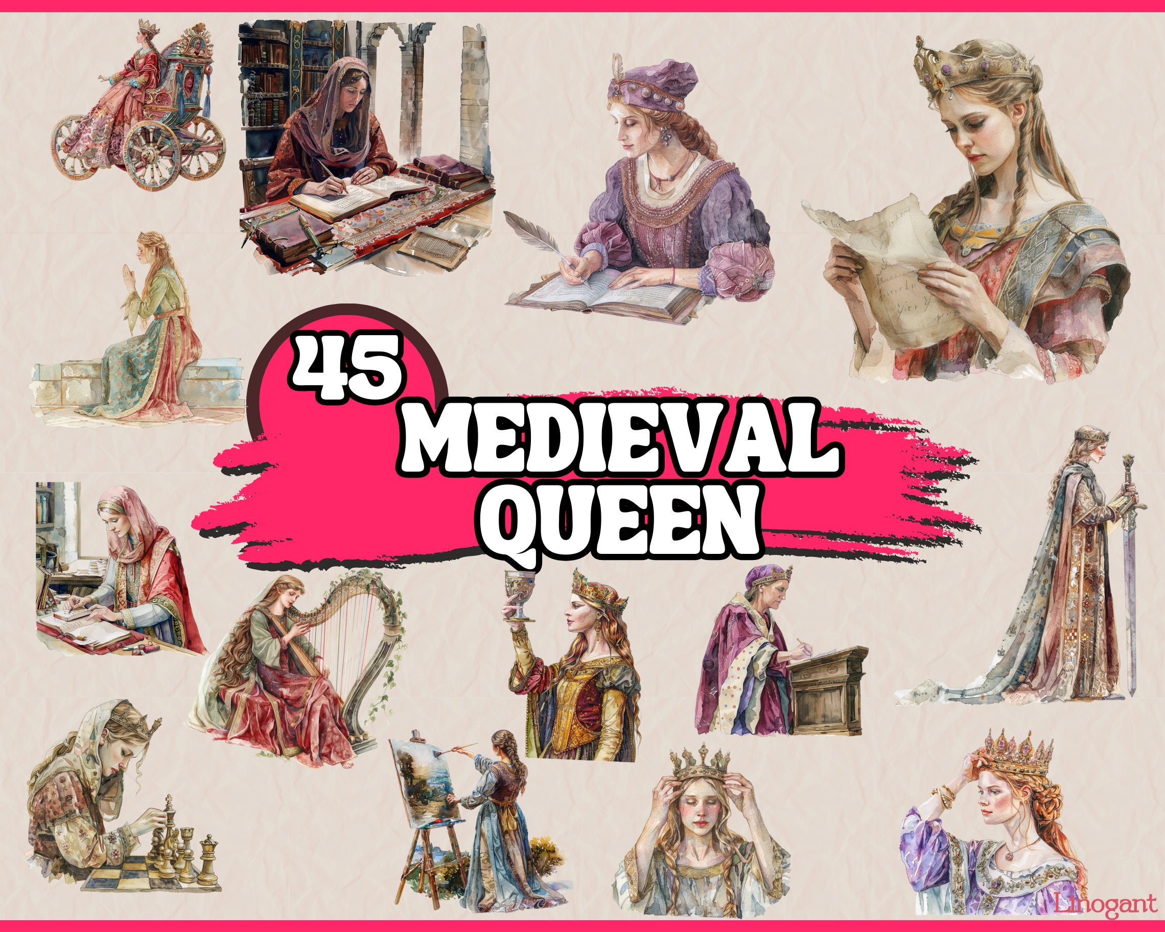 Watercolor Medieval Queen Clipart Bundle, Fantasy Middle Age Clip Art ...