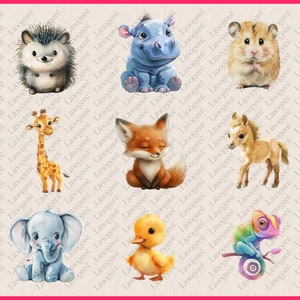 Watercolor Cute Baby Animal Clipart Bundle, Nursery Decor Clip Art Set ...