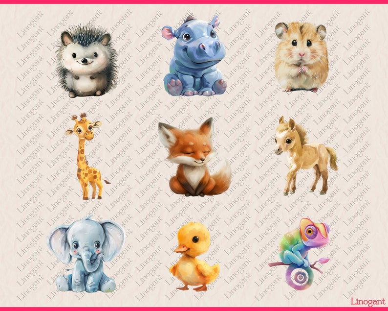 Watercolor Cute Baby Animal Clipart Bundle, Nursery Decor Clip Art Set ...