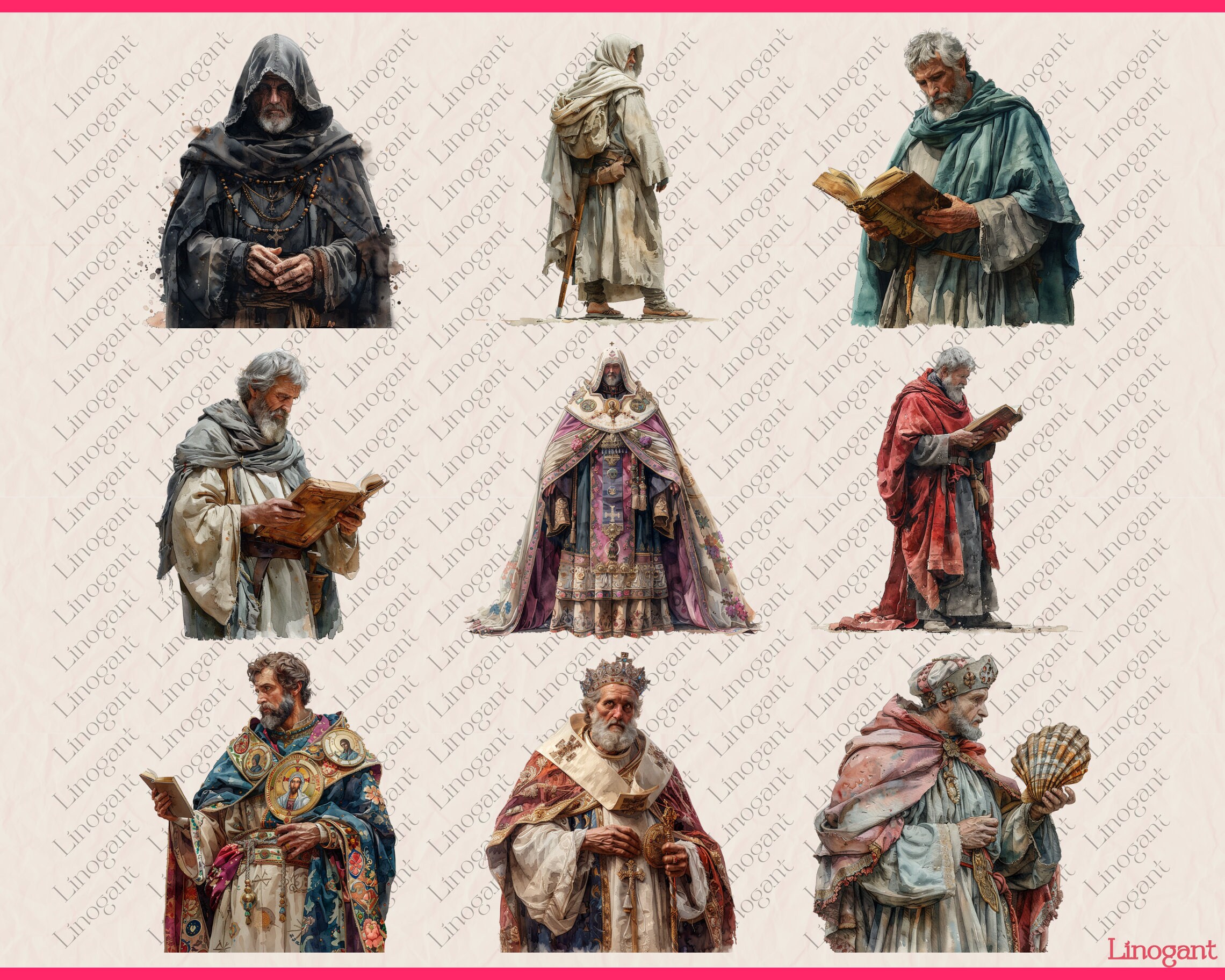 Watercolor Medieval Priest Clipart Bundle, Christianity Preacher Clip ...