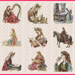 Watercolor Medieval Queen Clipart Bundle, Fantasy Middle Age Clip Art ...