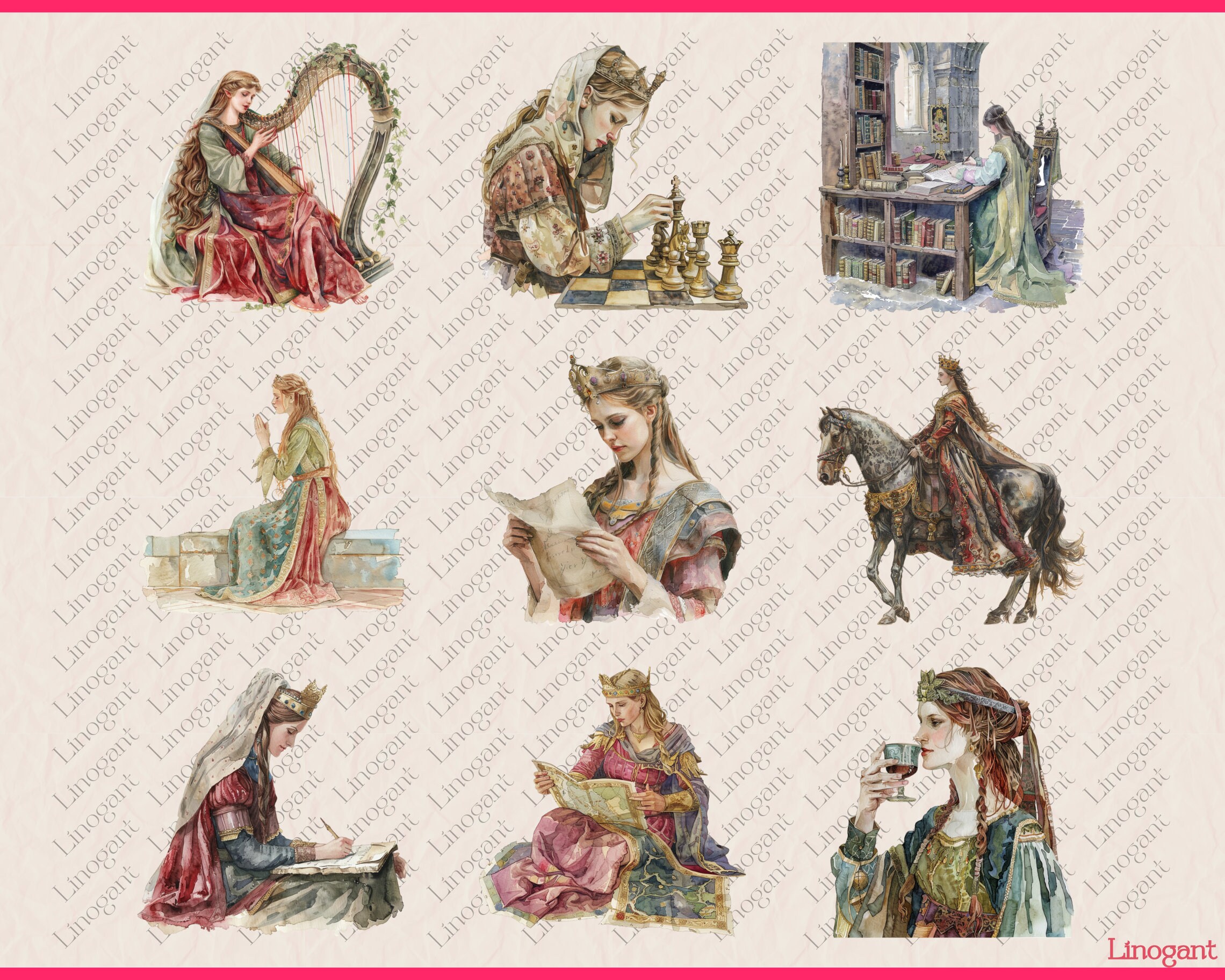Watercolor Medieval Queen Clipart Bundle, Fantasy Middle Age Clip Art ...
