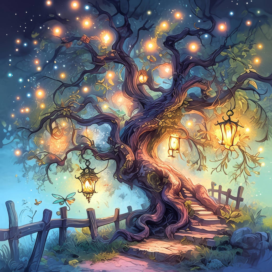 21 Fairy Tale Tree With Lanterns Clipart, Commercial Use, Whimsical ...