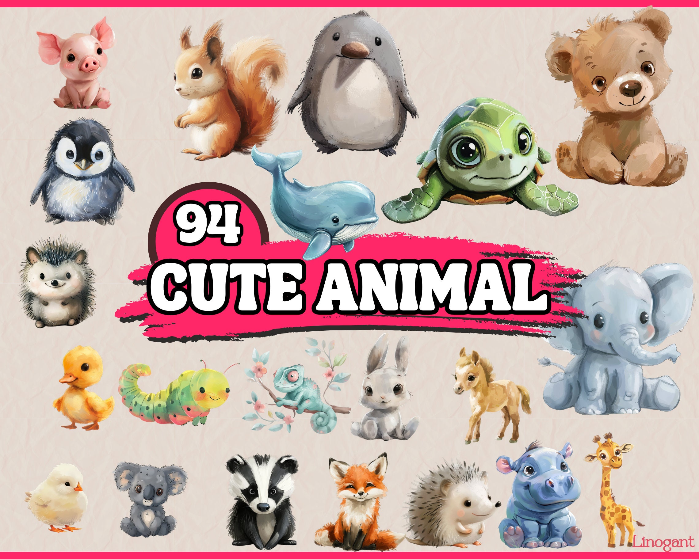 Watercolor Cute Baby Animal Clipart Bundle, Nursery Decor Clip Art Set ...