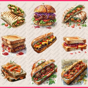 Watercolor Sandwich Clipart Bundle, Breakfast Food Clip Art Set, Bakery ...