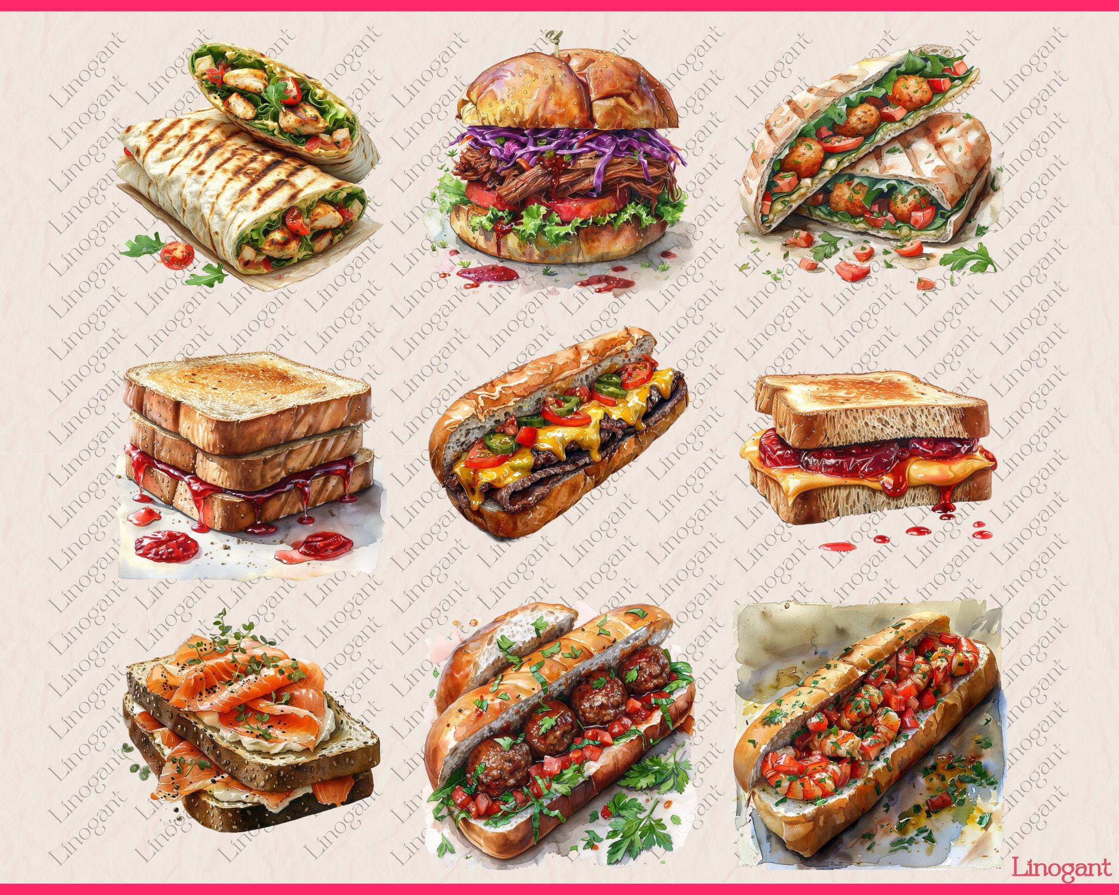 Watercolor Sandwich Clipart Bundle, Breakfast Food Clip Art Set, Bakery ...
