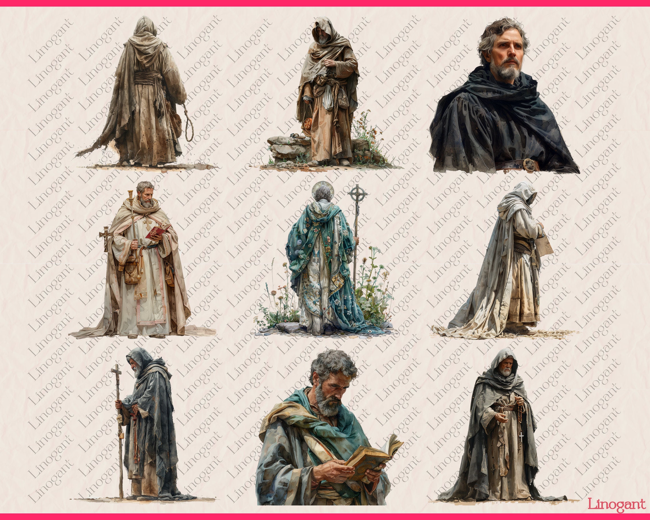 Watercolor Medieval Priest Clipart Bundle, Christianity Preacher Clip ...