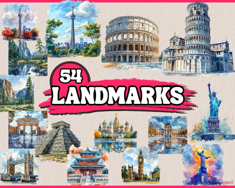 Watercolor Landmarks Clipart Bundle, Popular Landmarks Clip Art Set ...