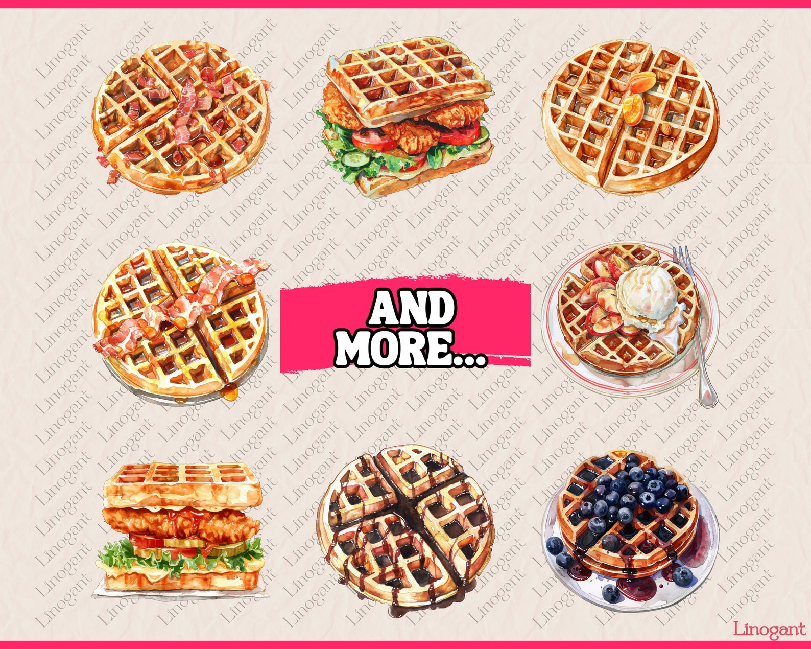 Watercolor Waffle Clipart Bundle, Food Clip Art Set, Bakery, Dessert ...