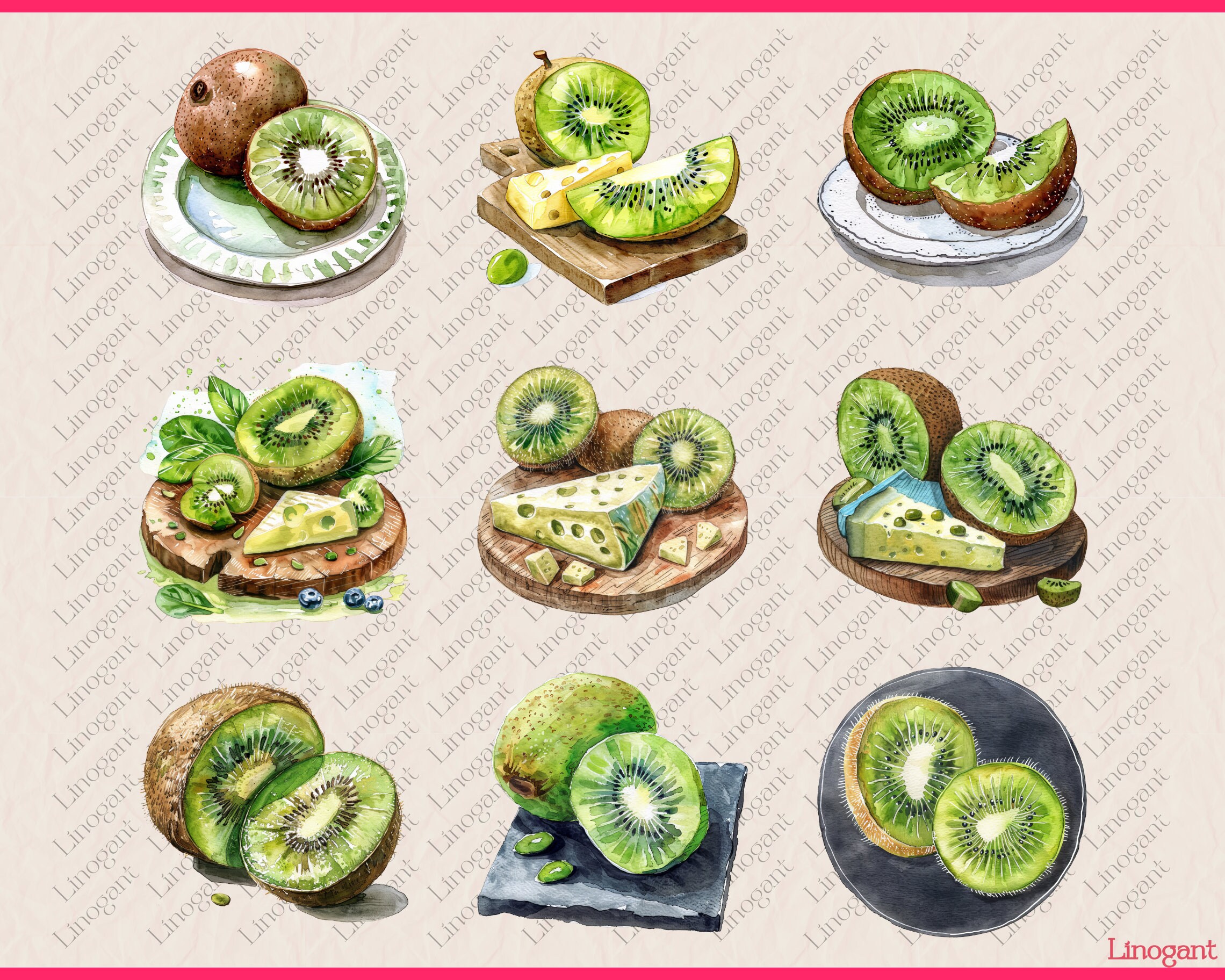 Watercolor Kiwi Clipart Bundle, Exotic Fruits Clip Art Set, Tart, Plate ...