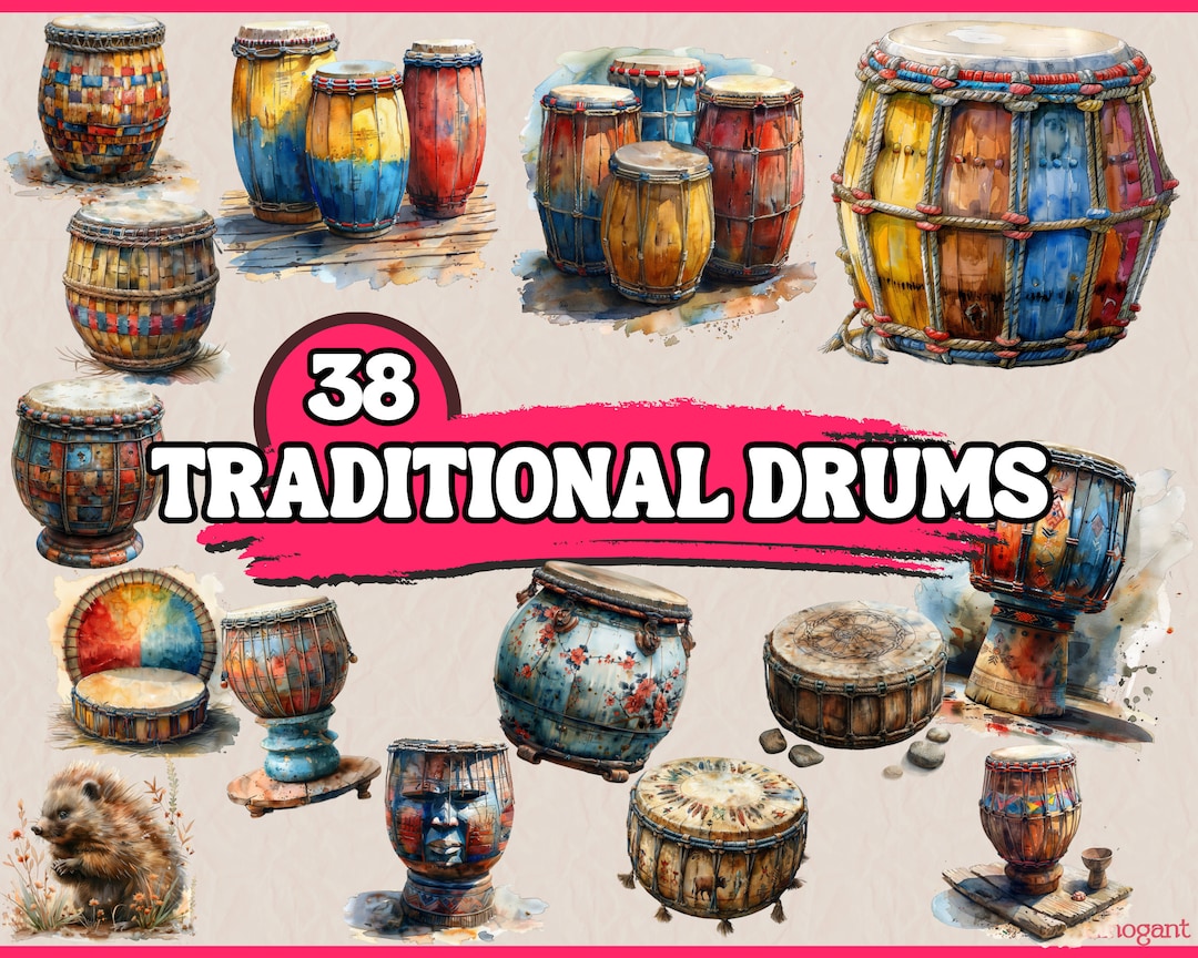 Watercolor Traditional Drums Clipart Bundle, Tribal Drums Clip Art Set ...
