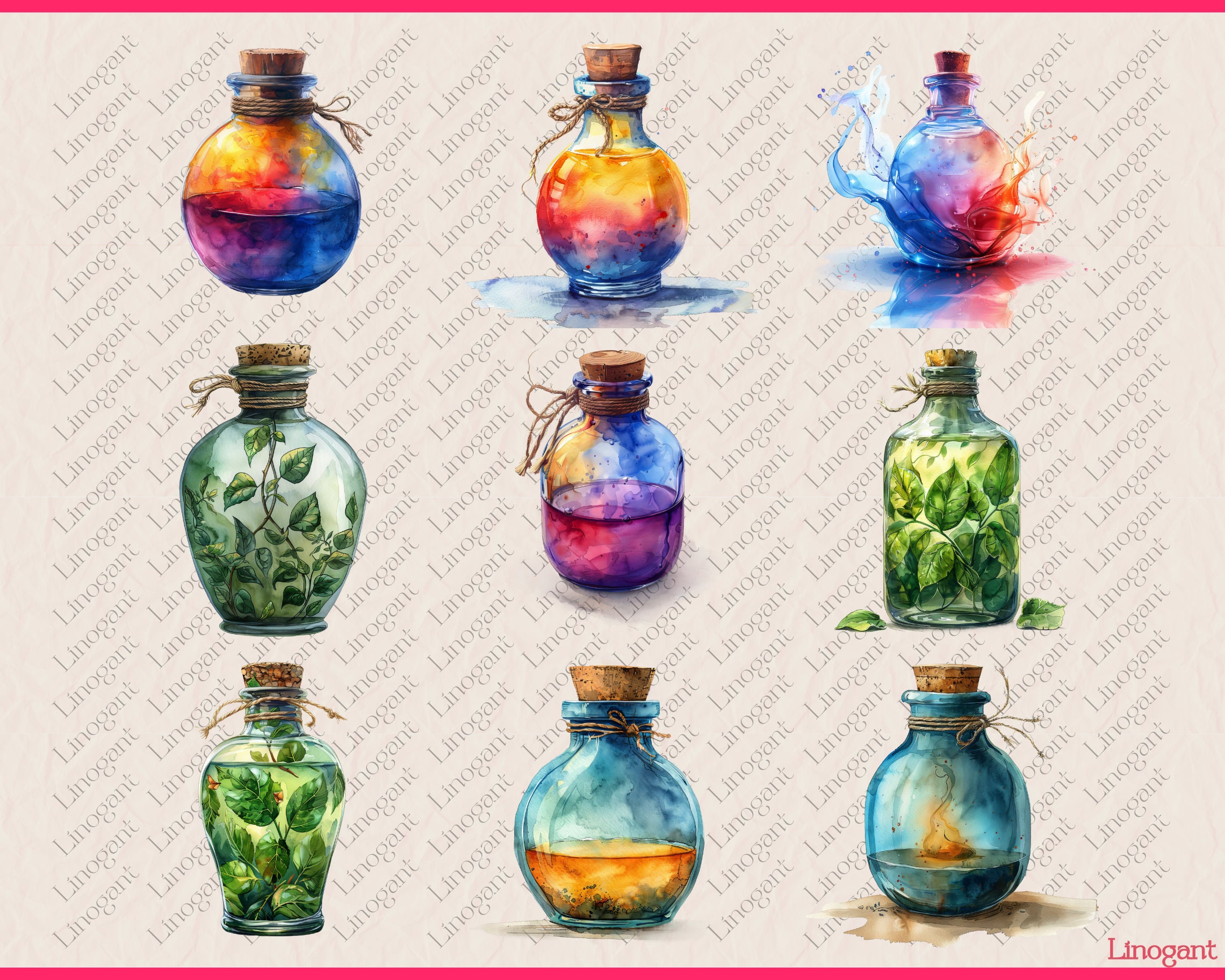 Watercolor Magical Potions Clipart Bundle, Flasks Clip Art Set, Fantasy ...