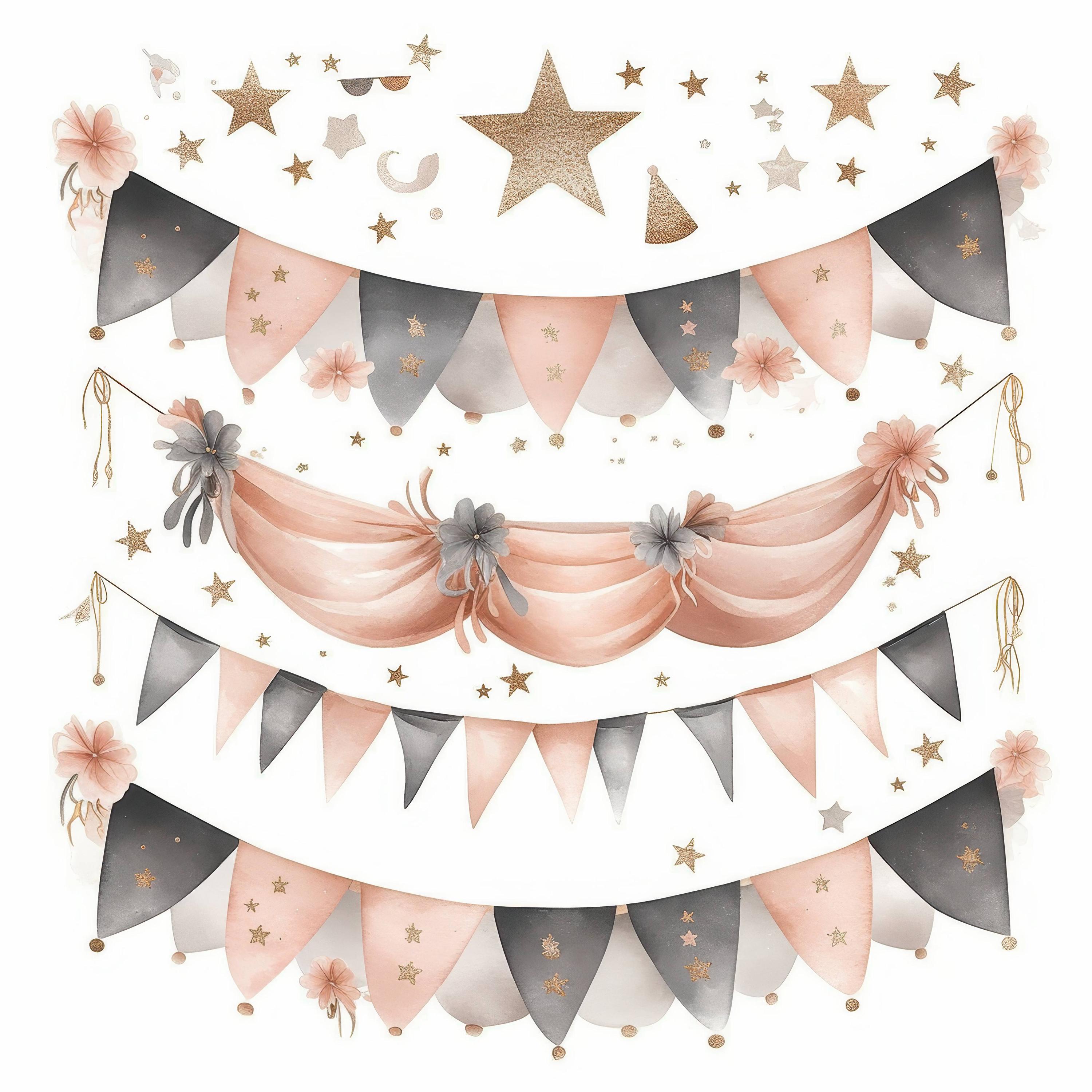 15 Boho Party Bunting Clipart Bundle, Pastel Clipart Illustration ...